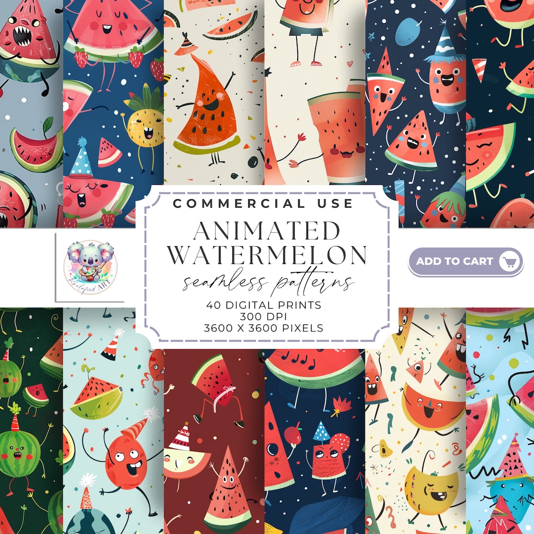 Animated Watermelon Digital Paper - 40 Seamless Patterns, High ...