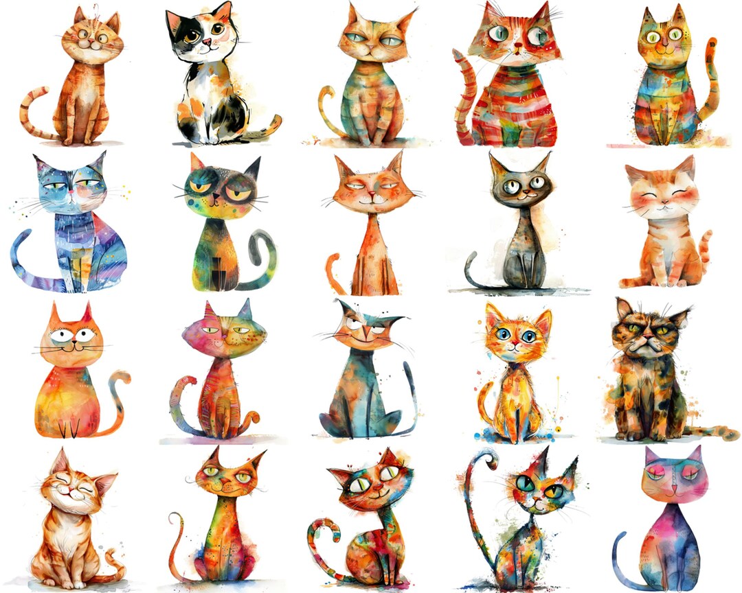 Watercolor Quirky Cats Clipart PNG: 20 High-resolution 300 DPI ...