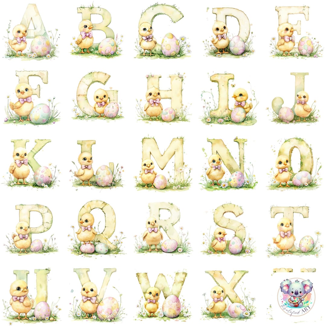Watercolor Easter Chick Alphabet Clipart: Pastel Floral Letters (PNG ...