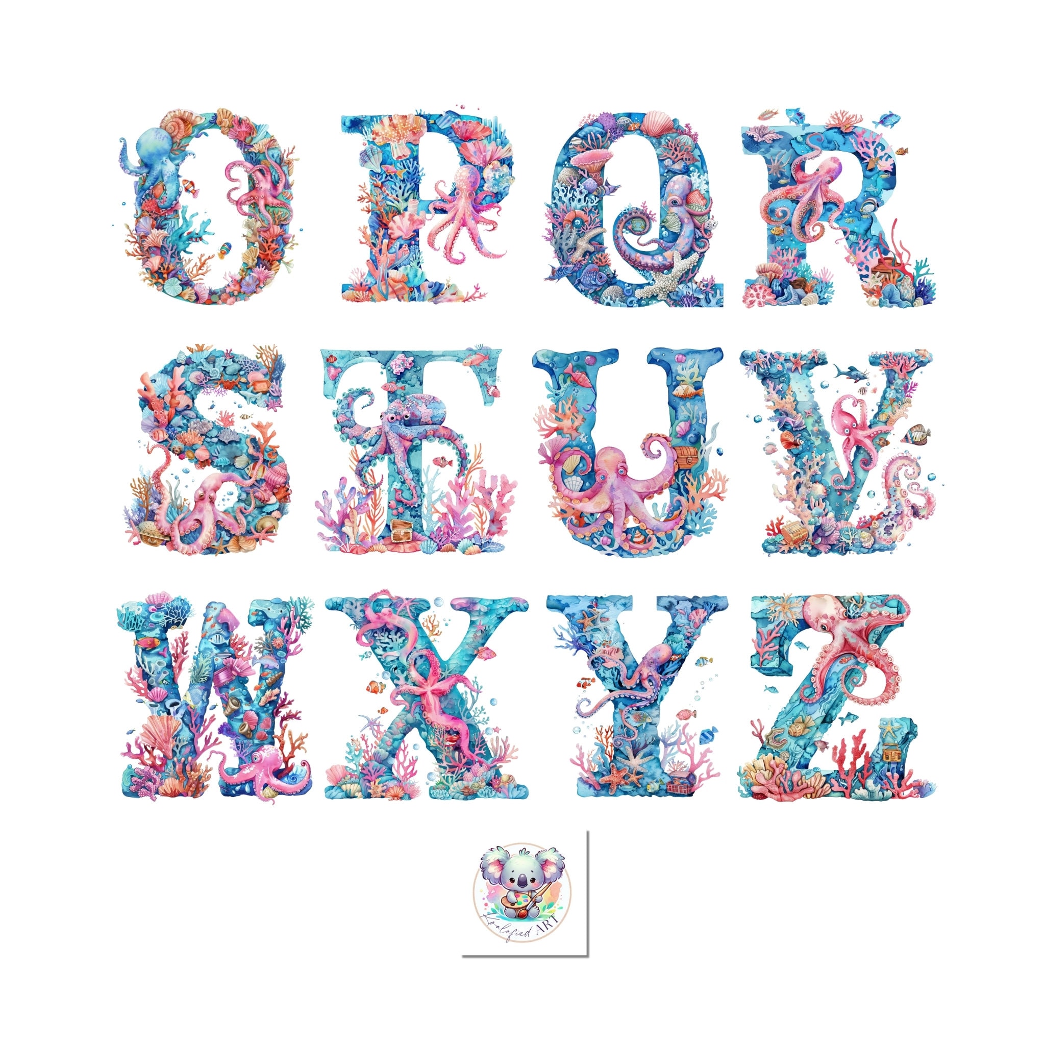 Marine Magic Alphabet 26 Watercolor Under the Sea Letter Clipart Bundle ...