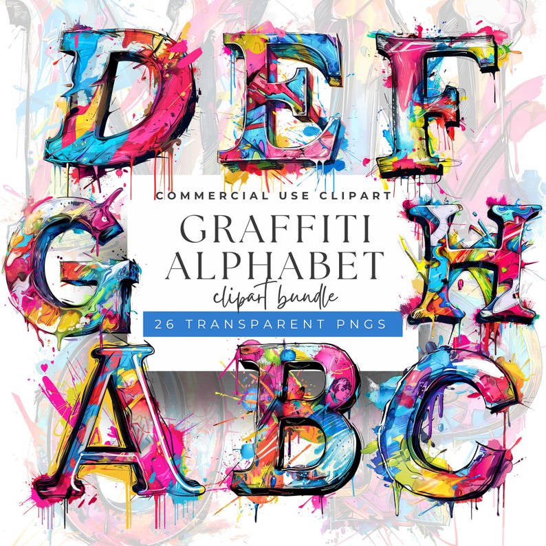 Graffiti Alphabet Clipart: Colorful Paint Drip Letters (PNG, 300 DPI ...