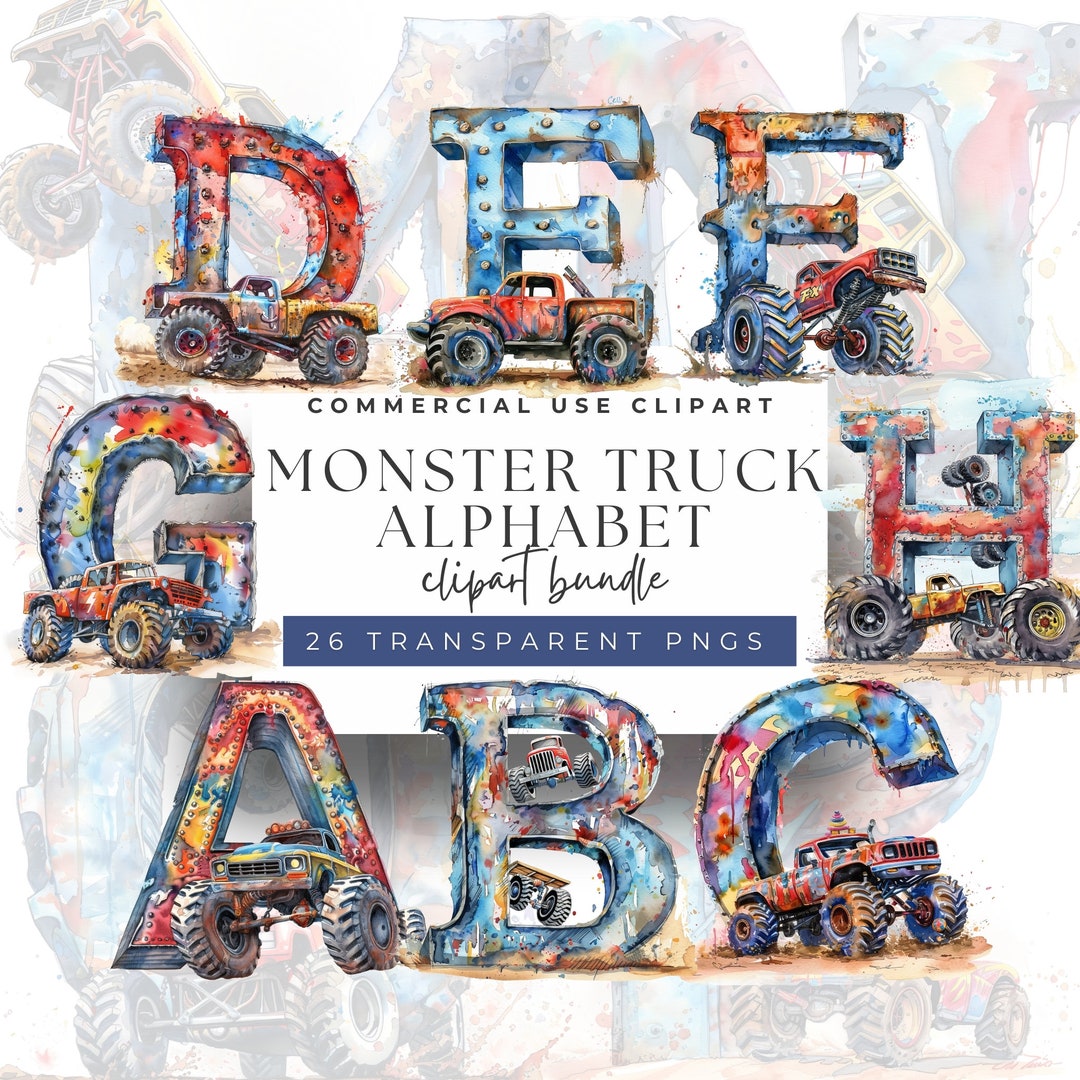 Monster Wheels ABC - Watercolor Monster Truck Alphabet Clipart - 26 ...
