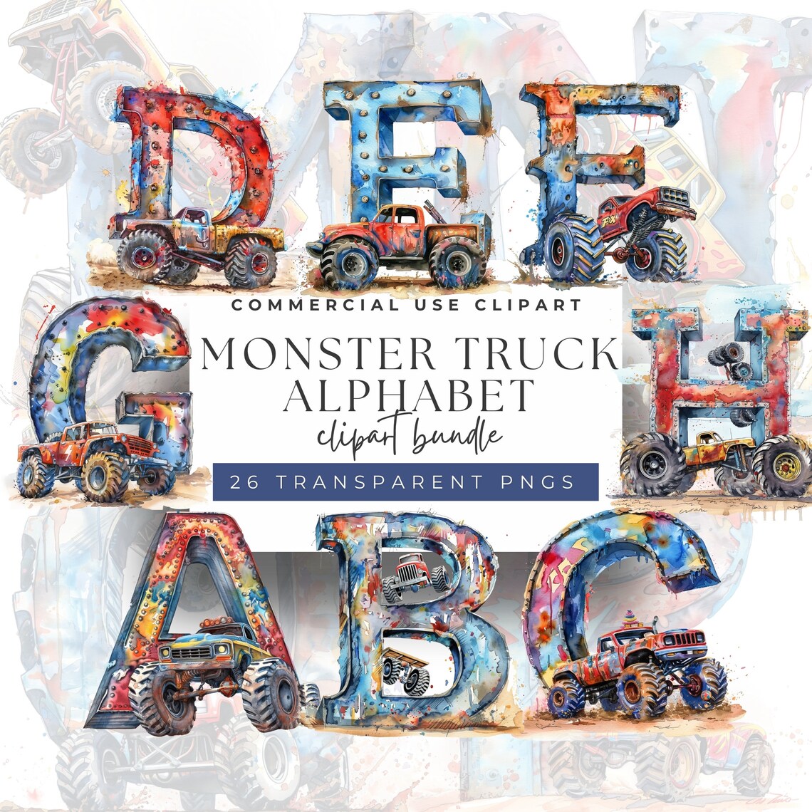 Monster Wheels ABC Watercolor Monster Truck Alphabet Clipart 26 High ...