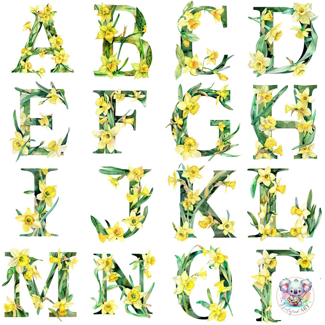 Watercolor Daffodil Flower Alphabet Cliparts: 26 Yellow Pngs (digital ...