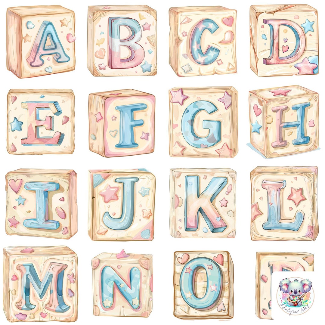 Baby Blocks Alphabet Clipart: A-Z Letters, Stars & Hearts (PNG Digital ...