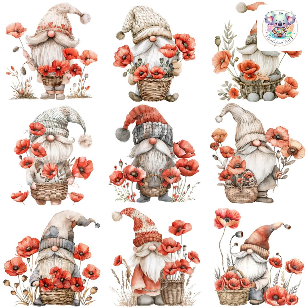 Watercolor Poppy Gnome Clipart Pngs 20 High-resolution 300 DPI Cute ...