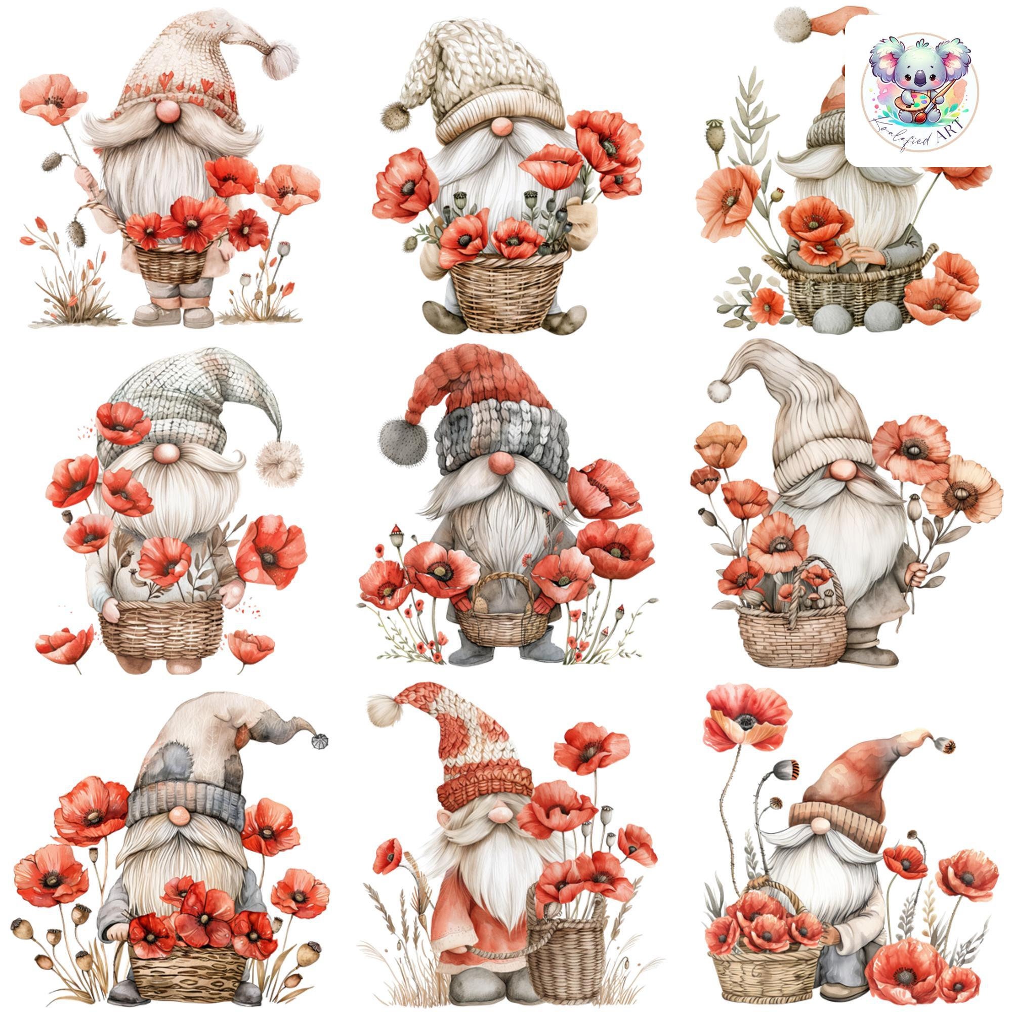 Watercolor Poppy Gnome Clipart Pngs 20 High-resolution 300 DPI Cute ...