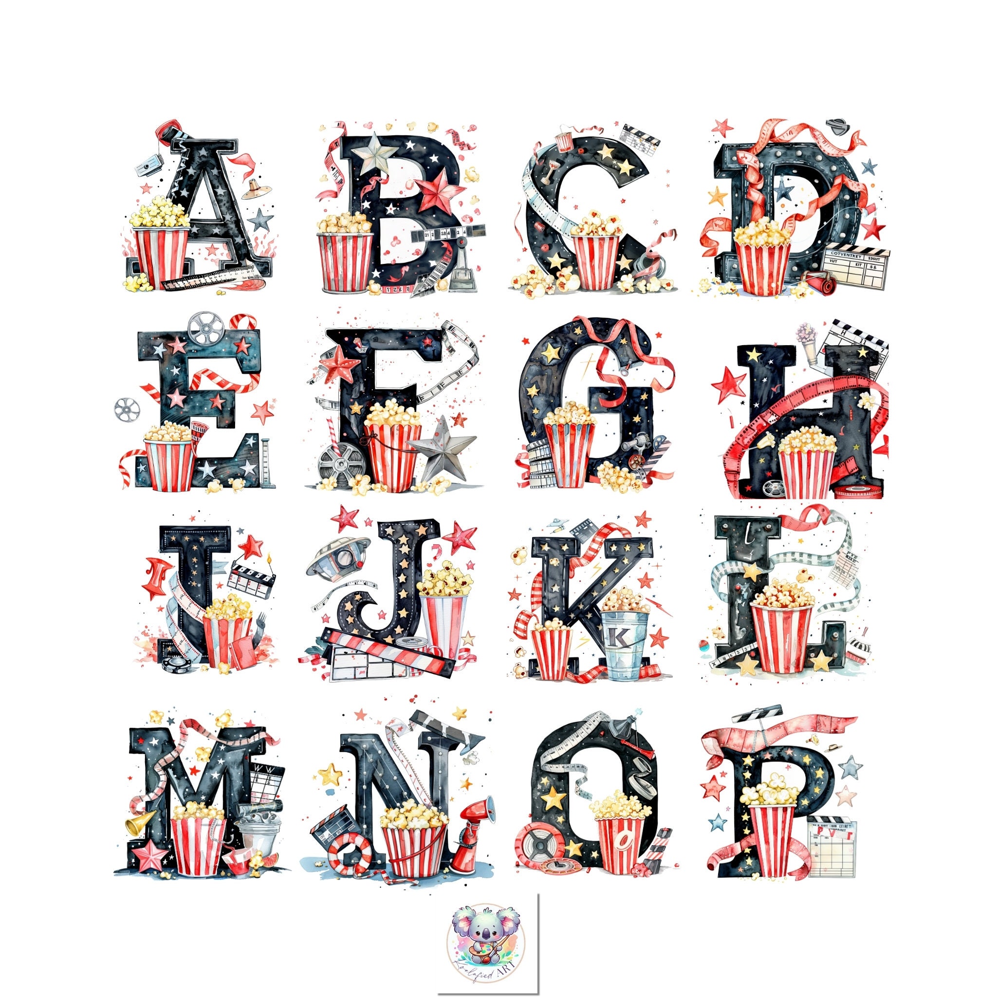 Cinematic Watercolor Movie Night Letter Alphabet Clipart 26 Transparent ...