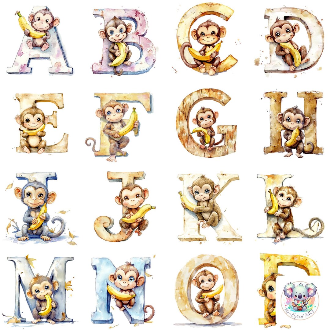 26 Watercolor Monkey Alphabet Letters Clipart | Playful Monkey-themed ...