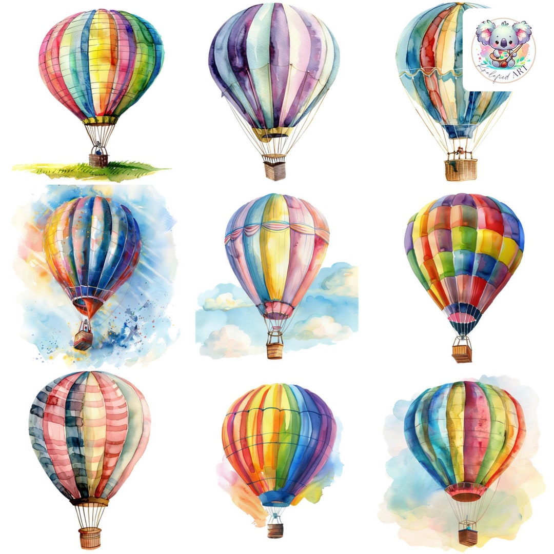 Watercolor Hot Air Balloon Clipart: Whimsical PNG Illustrations (300 ...