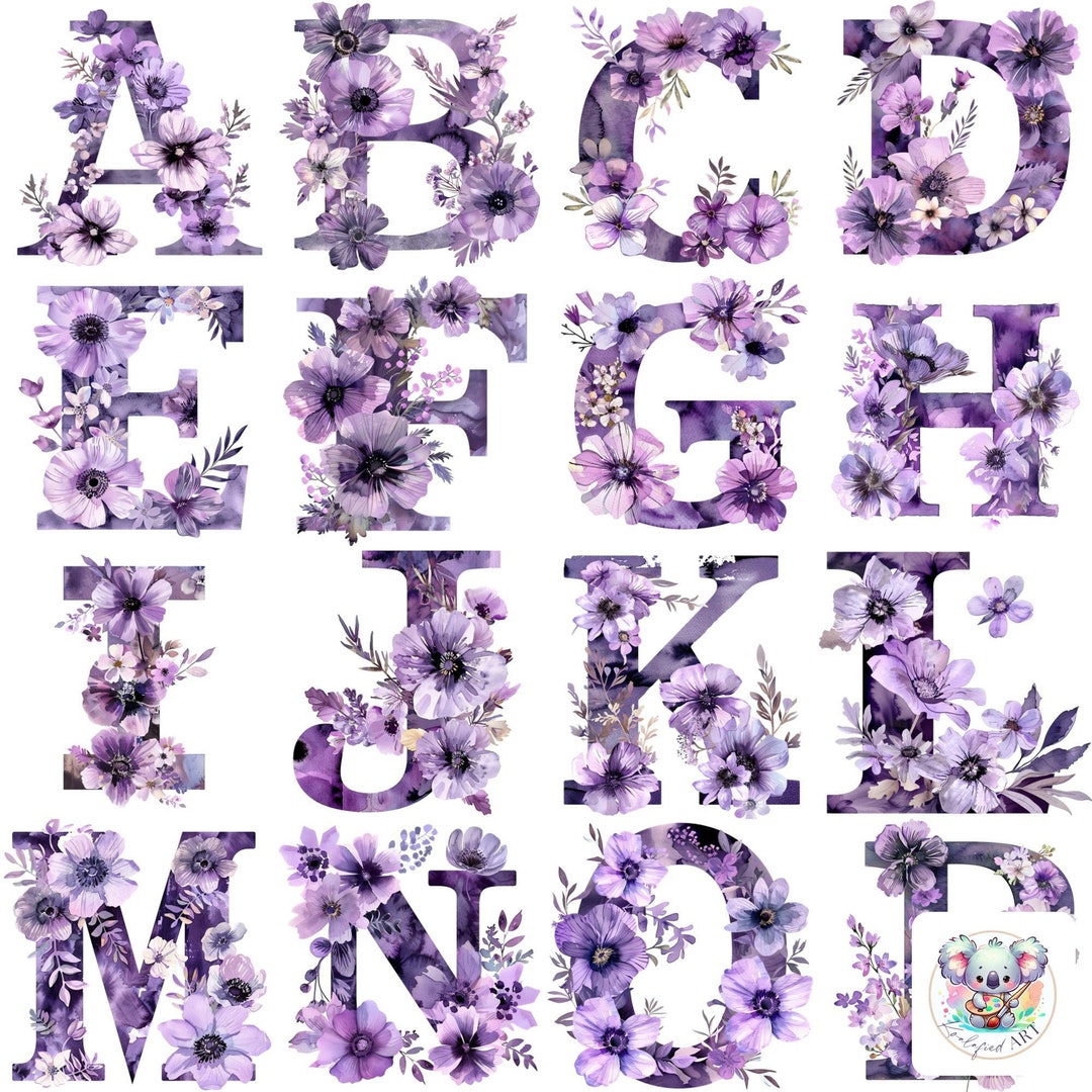 Purple Flowers Letters Clipart Collection: 26 Watercolor Alphabet ...