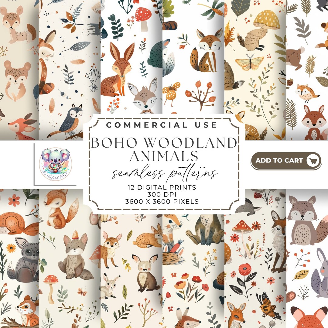 Boho Woodland Animals Seamless Patterns: 12 Digital Papers (300 DPI) - Etsy