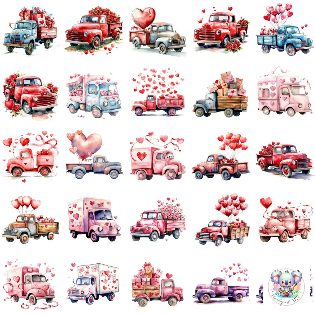 Watercolor Valentine Truck Clipart: Floral Heart PNG Designs (digital ...
