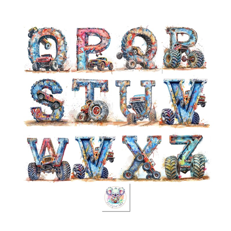 Monster Wheels ABC Watercolor Monster Truck Alphabet Clipart 26 High ...