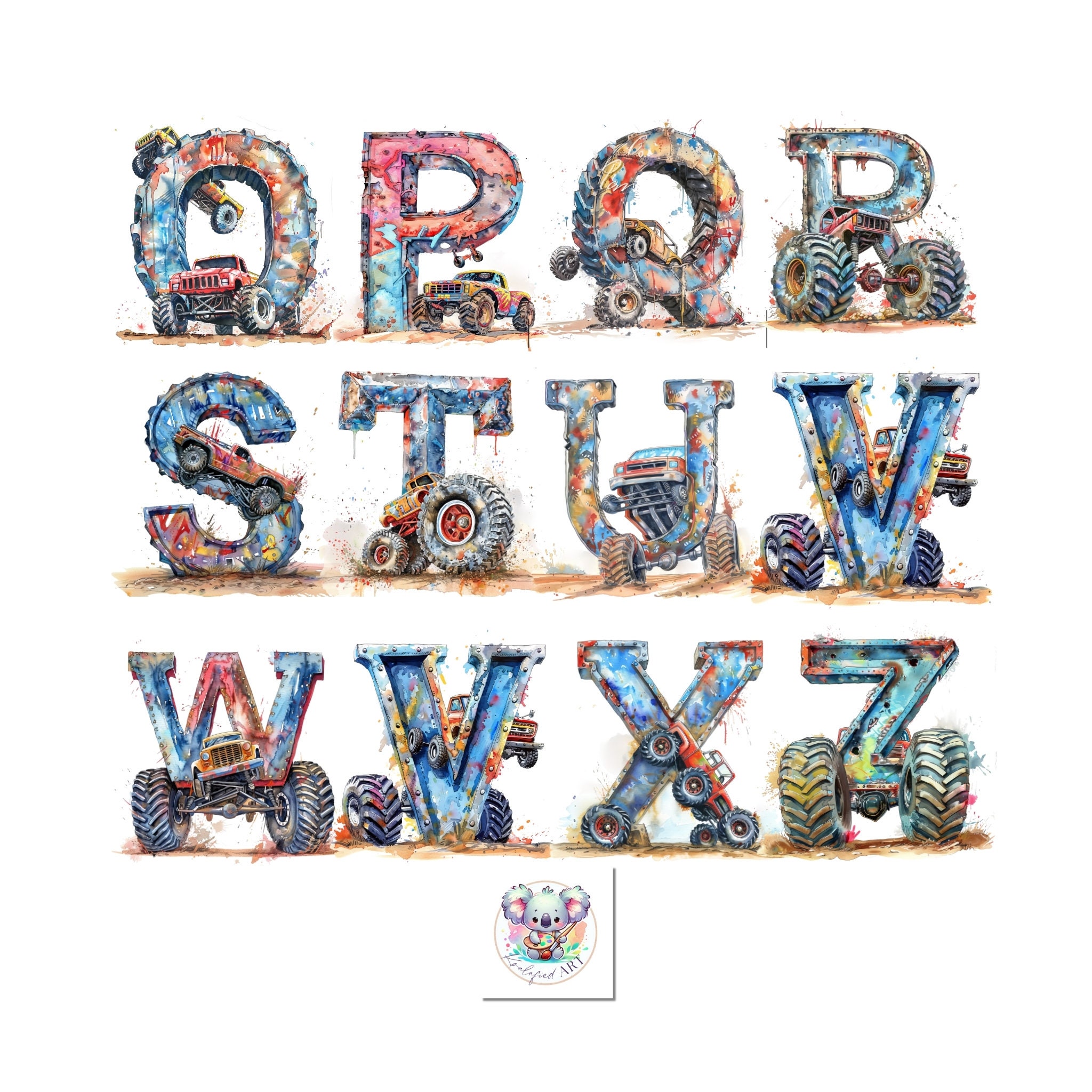 Monster Wheels ABC Watercolor Monster Truck Alphabet Clipart 26 High ...