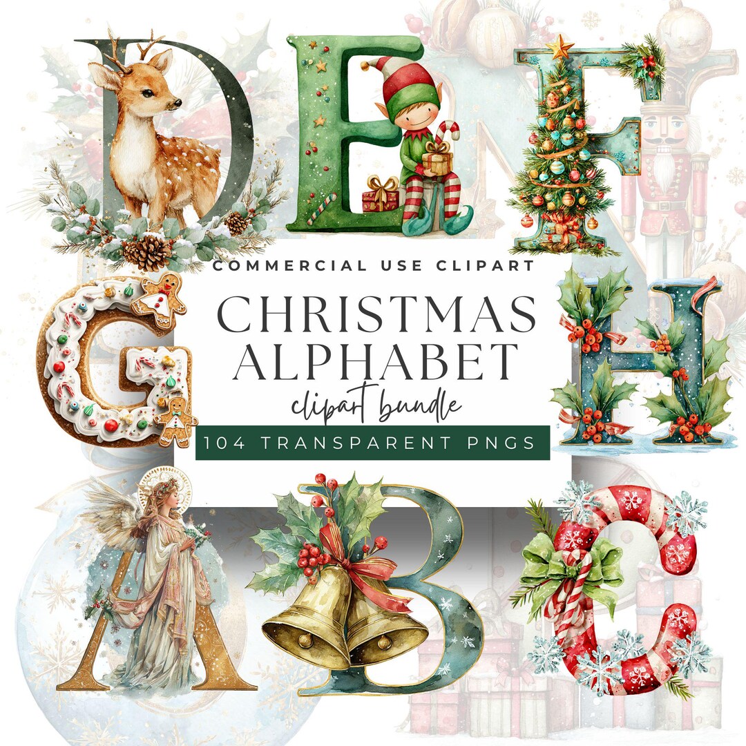 Christmas Alphabet Clipart Bundle: 104 Festive PNG Letters (digital ...