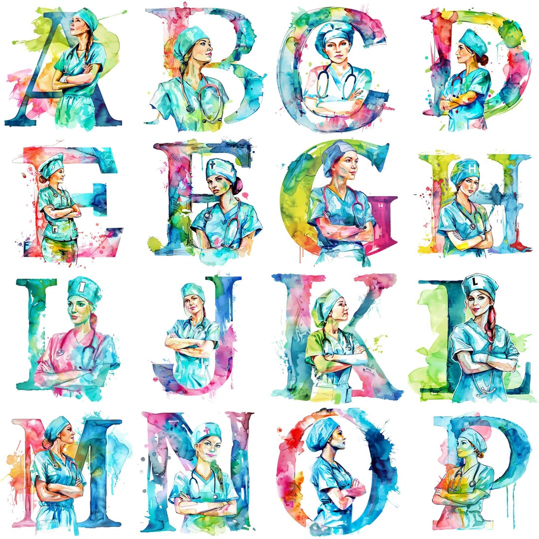 Watercolor Nurse Letter Alphabet Cliparts Pngs - 26 High-resolution 300 ...