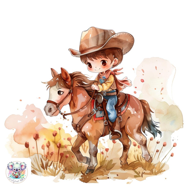 Charming Watercolor Cute Chibi Cowboy Clipart Pngs 30 300 DPI Images ...