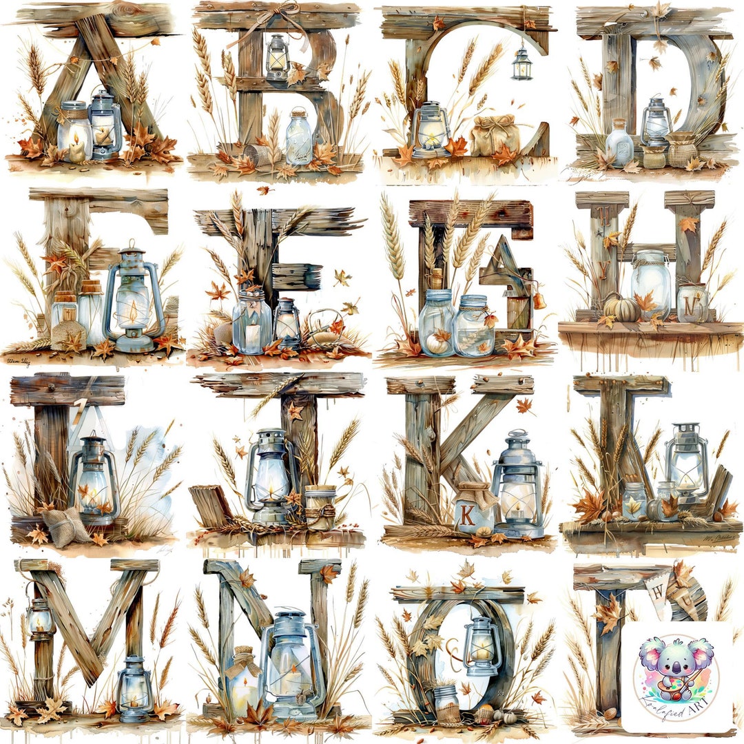 Watercolor Rustic Farmhouse Alphabet Clipart PNG: 26 High-resolution ...