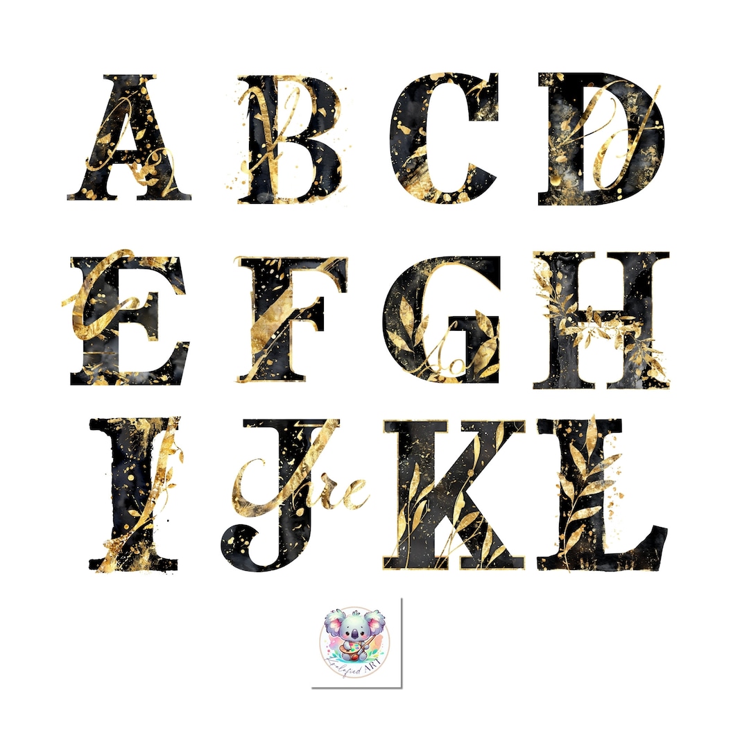 Golden Accents - Black and Gold Letters Alphabet Clipart - 26 Stylish ...