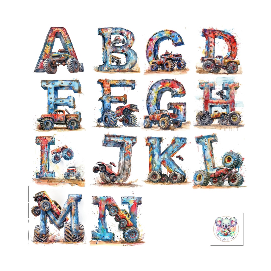 Revved up Abcs - Watercolor Monster Truck Letter Alphabet Clipart - 26 ...