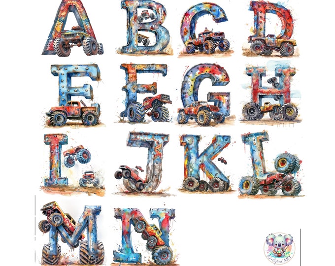 Monster Truck Alphabet PNG Bundle, Numbers Clipart, Boys Birthday ...