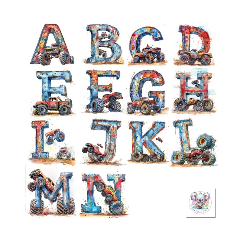 Monster Wheels ABC Watercolor Monster Truck Alphabet Clipart 26 High ...