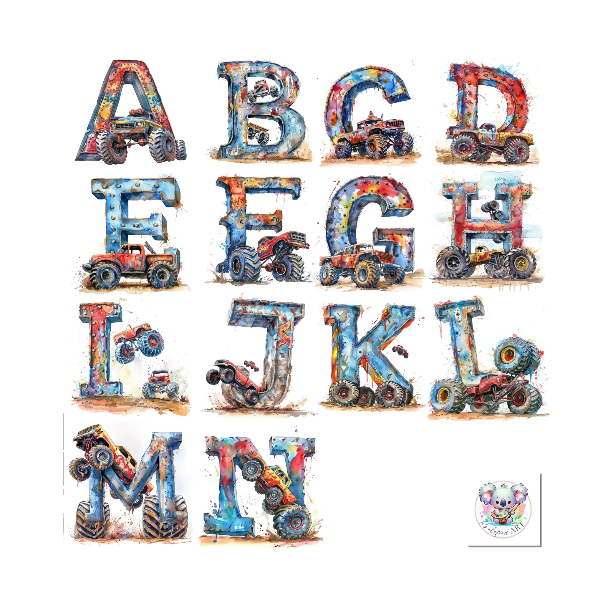 Monster Wheels ABC Watercolor Monster Truck Alphabet Clipart 26 High ...