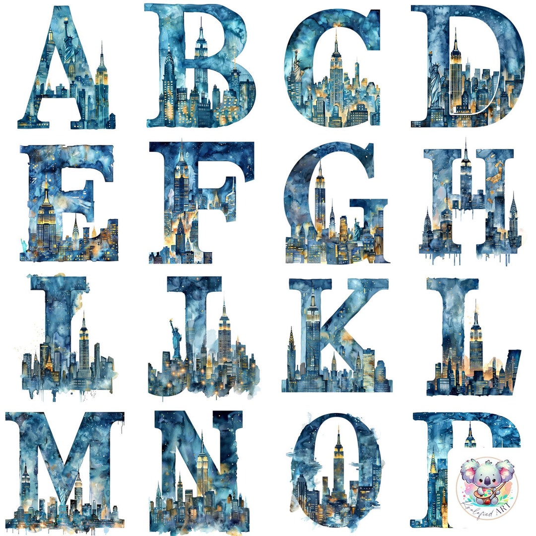 Watercolor NYC Skyline Alphabet Clipart: High-resolution Cityscape ...