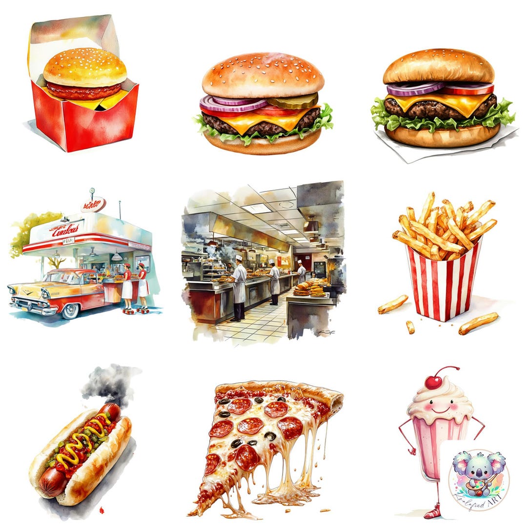 Watercolor Fast Food Clipart: Burgers, Pizza, Fries (PNG Digital ...