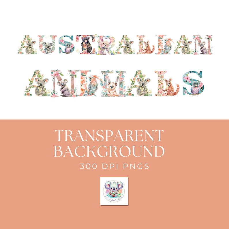 Australian Animals Alphabet Clipart: 26 Pngs for Baby Shower (300 DPI ...