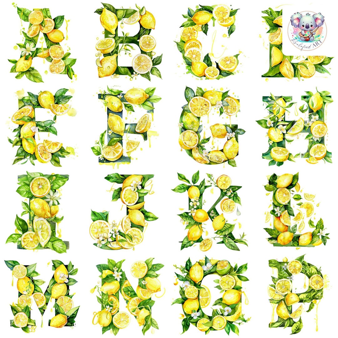 Watercolor Lemon Citrus Fruit Alphabet Cliparts Pngs: 26 High ...