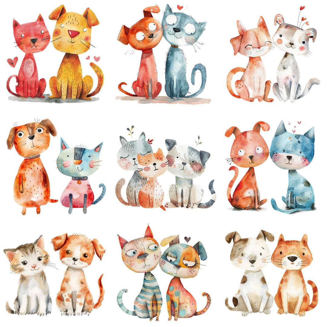 Watercolor Cats and Dogs Clipart: 24 High-resolution PNG Images (300 ...