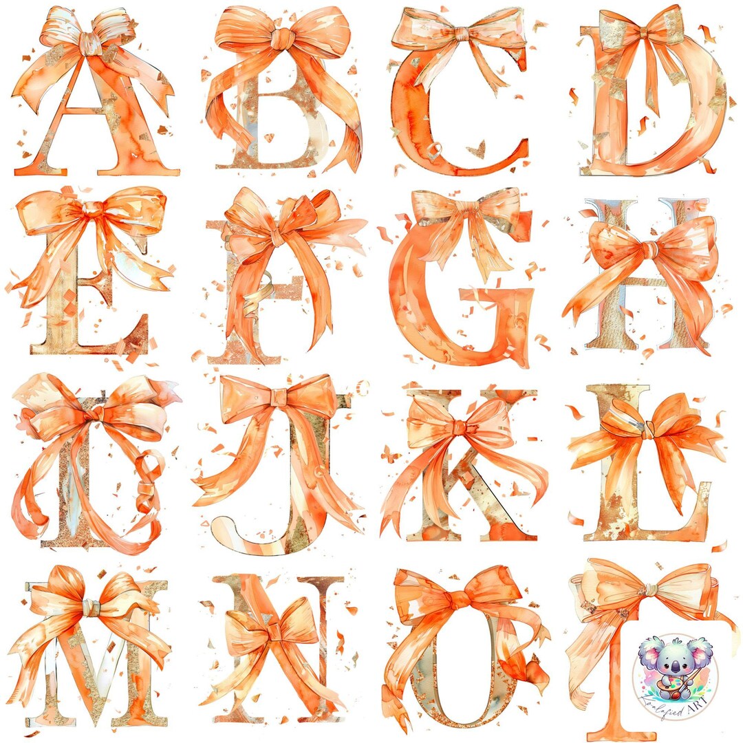 Orange Bow Glitter Letter Clipart: Watercolor Alphabet (digital ...