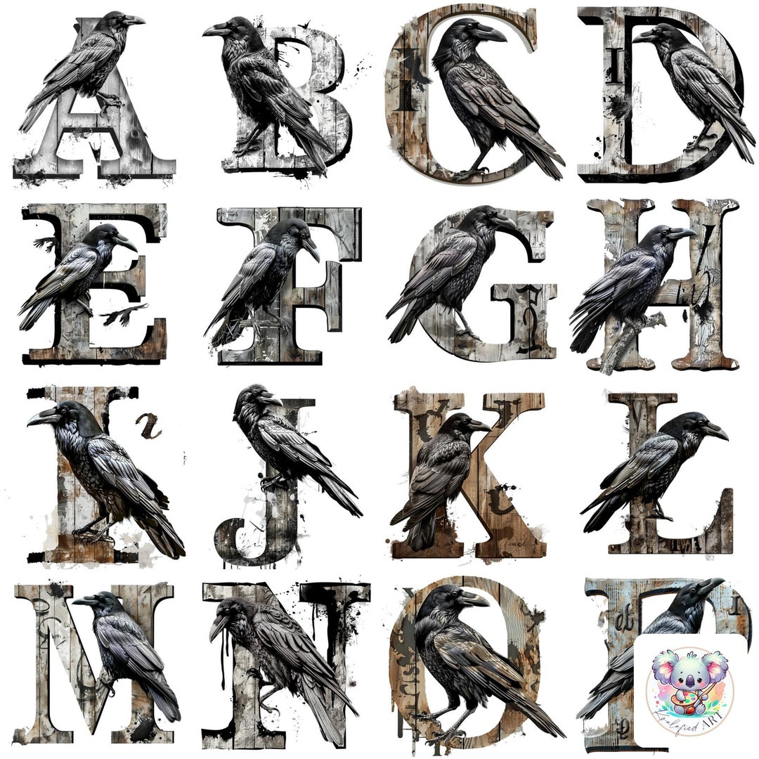 Gothic Elegance: 26 Crow Alphabet Letter Cliparts Pngs High-resolution ...
