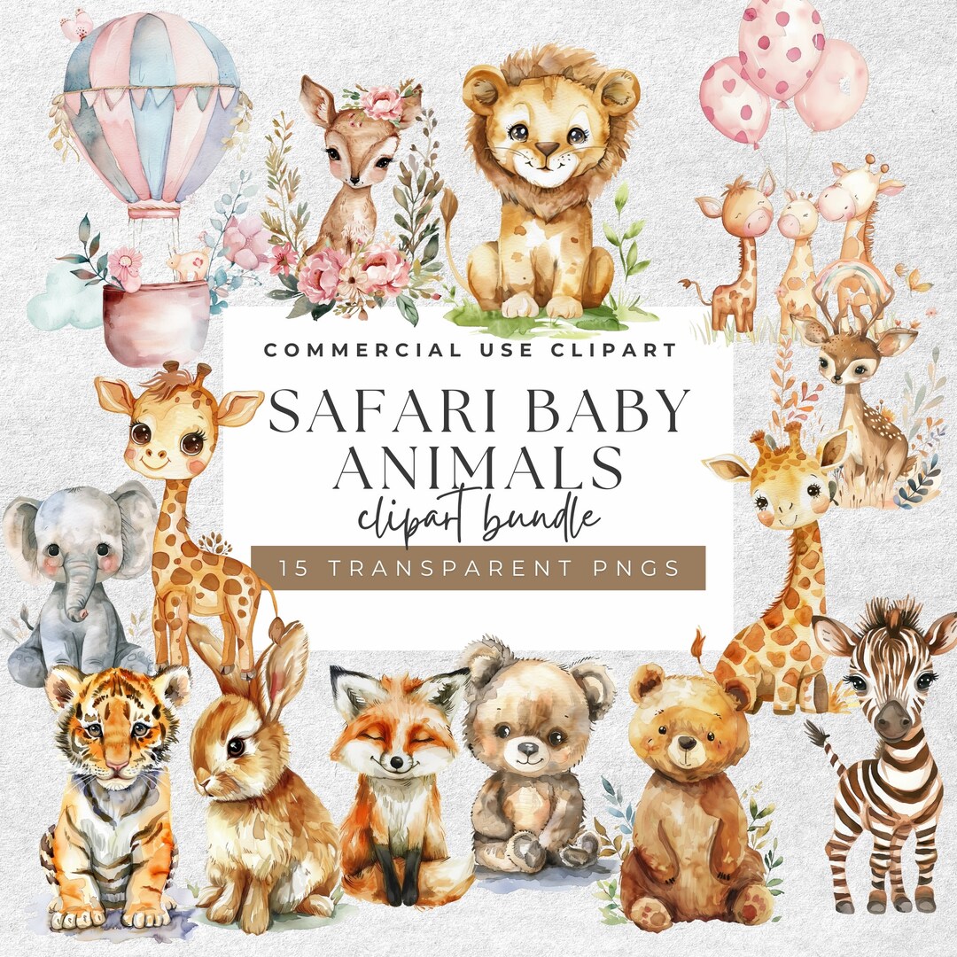 Nursery-ready Watercolor Safari Baby Animals Clipart - 15 High-res ...