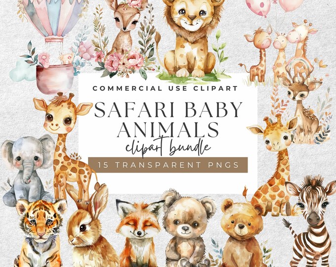 Safari Baby Animals PNG Bundle - Watercolor Cute Jungle Clipart, Baby ...