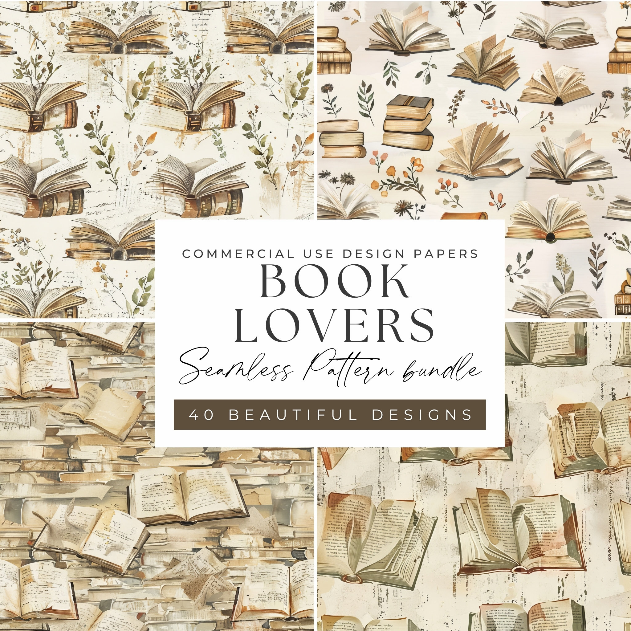 Books Digital Paper Pack: Seamless Library Patterns for Crafting, 40 ...