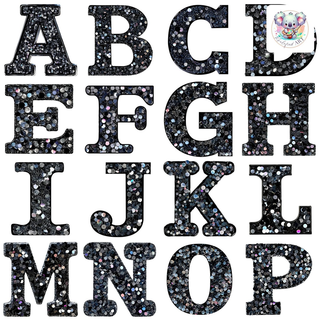 Elegant Black Sequin Alphabet Clipart Pngs: 26 Shimmering Letters for ...