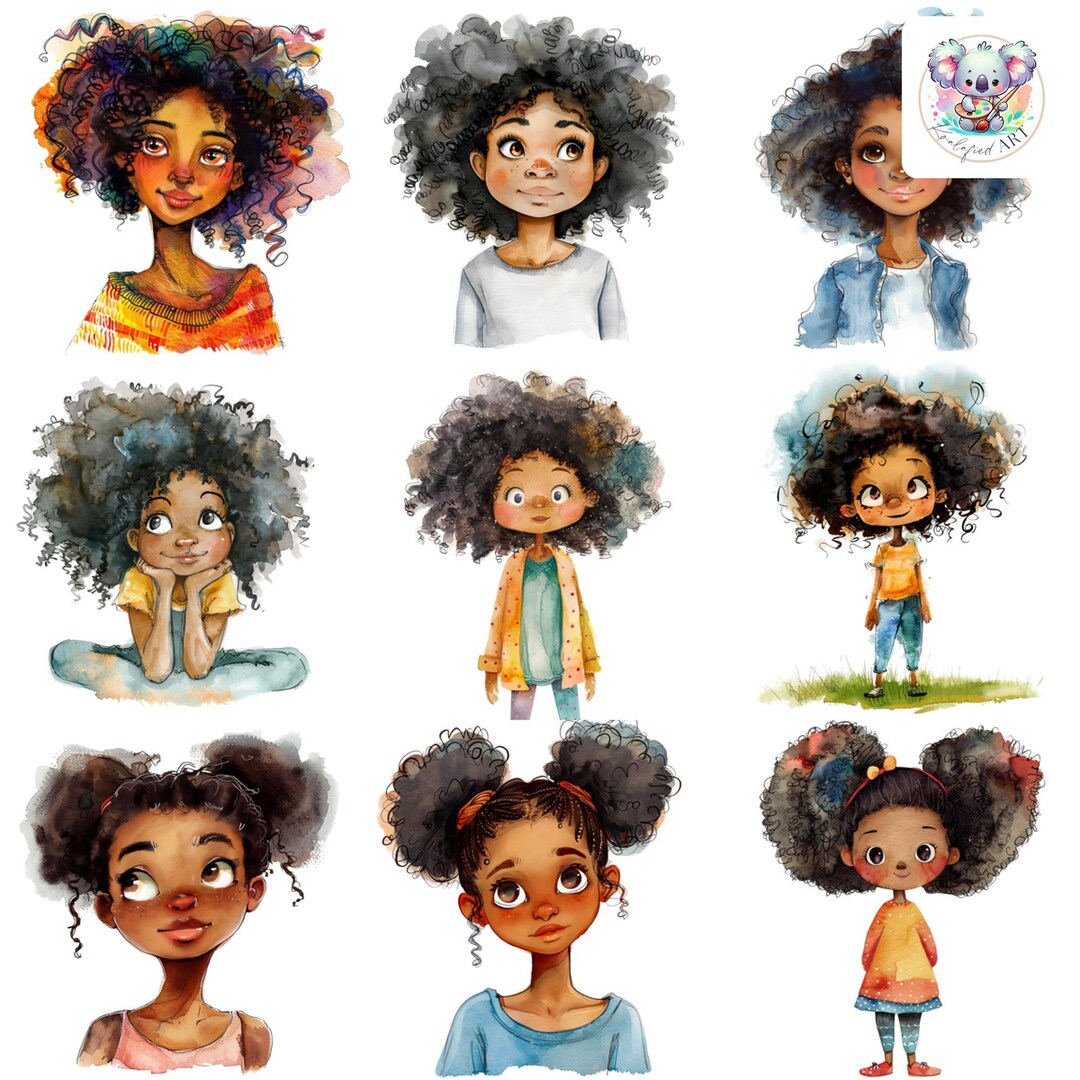 Black Girl Watercolor Clipart: 24 Whimsical PNG Illustrations (300 DPI ...