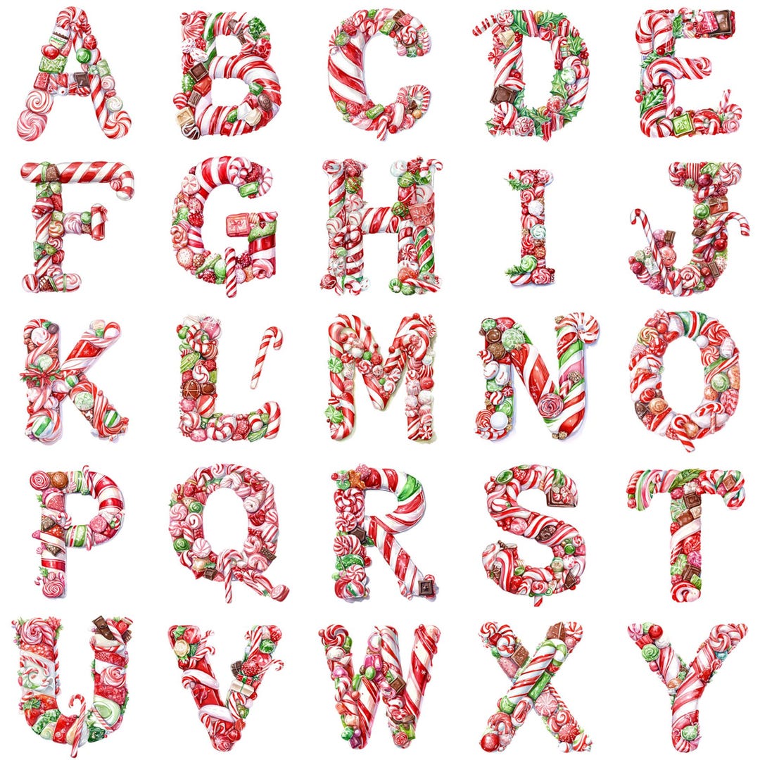 Watercolor Christmas Candy Cane Alphabet Clipart PNG: 26 Festive ...