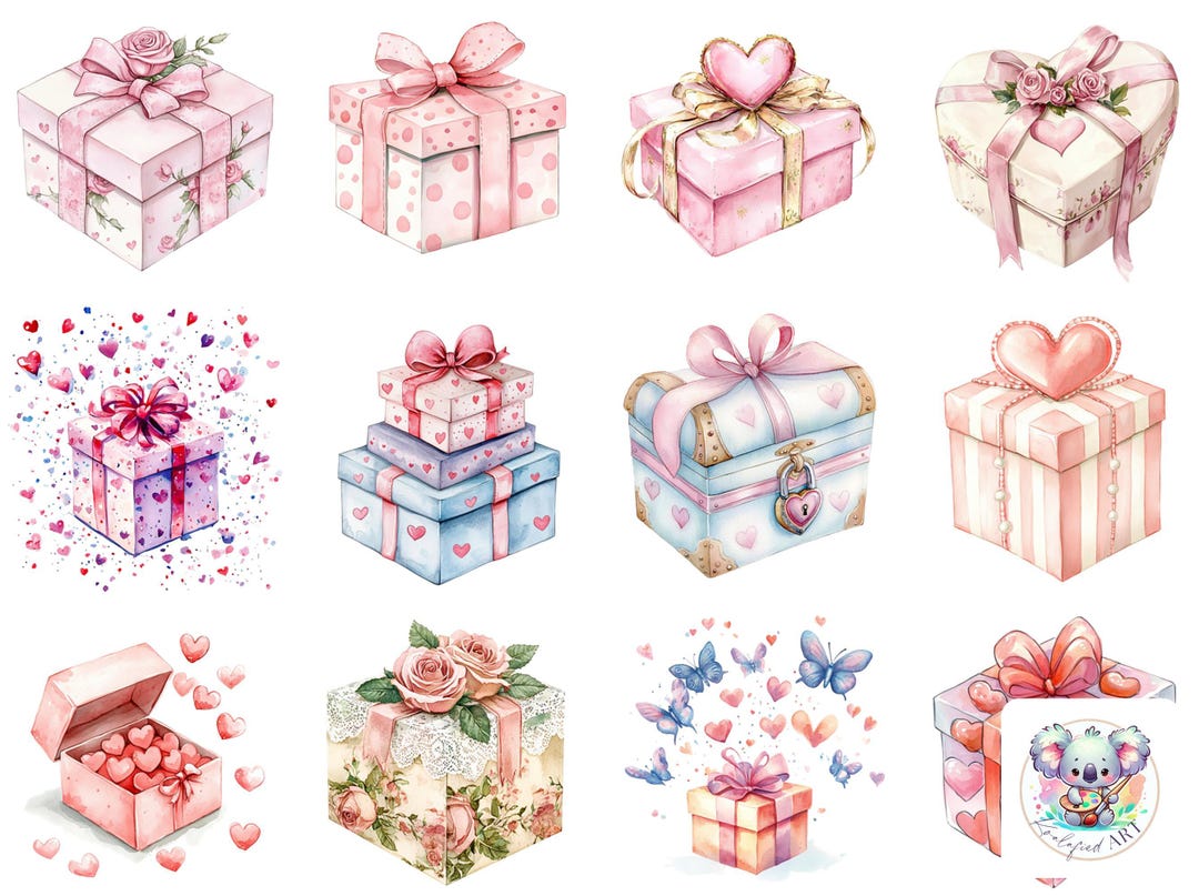 Watercolor Valentine Gift Box Clipart: Floral Heart Presents (PNG ...