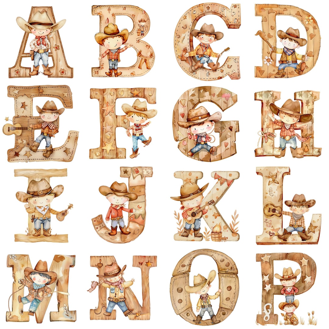 Watercolor Cowboy Alphabet Clipart: Baby Shower Letters (PNG Digital ...