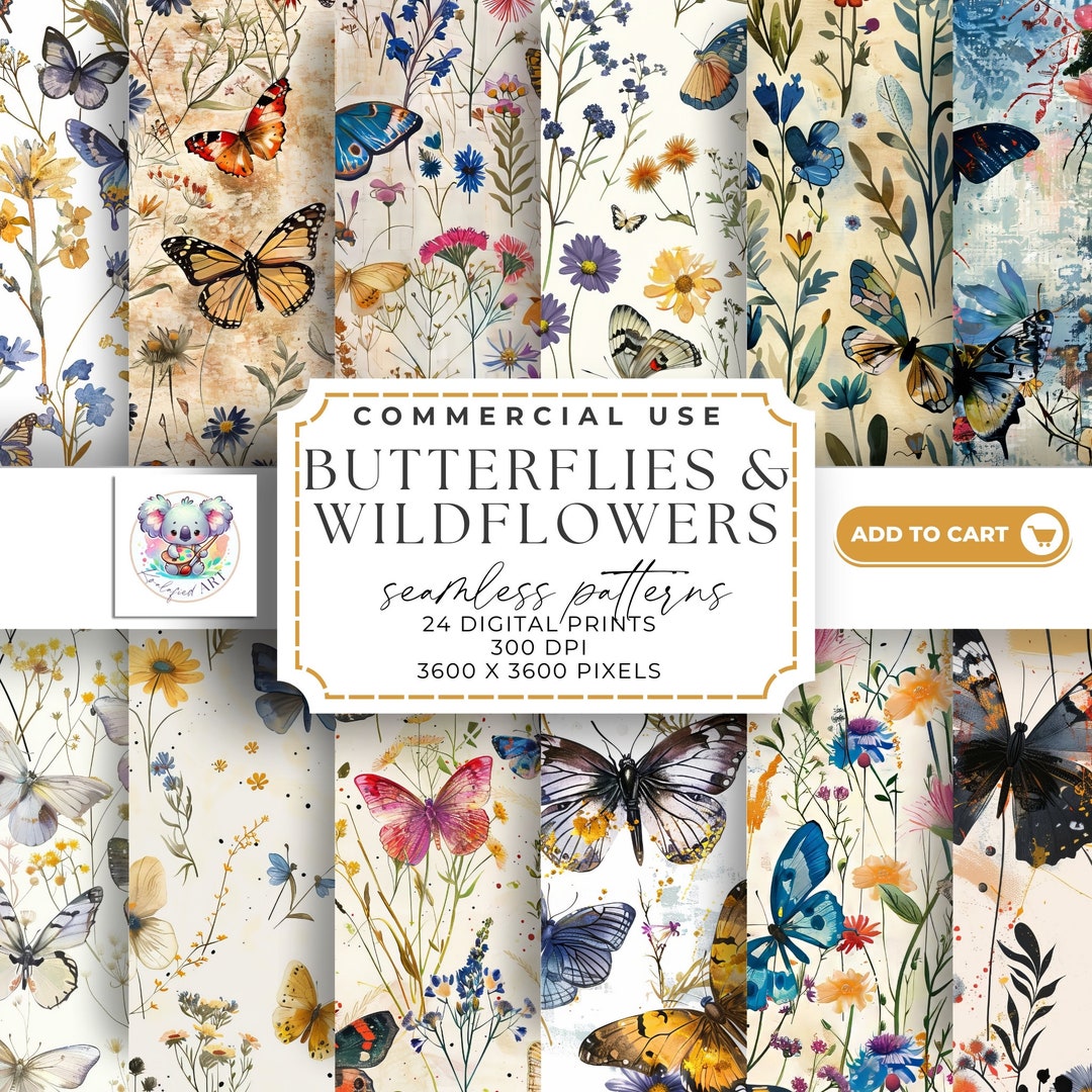 Enchanted Garden - Butterflies and Wildflowers Seamless Pattern Digital ...
