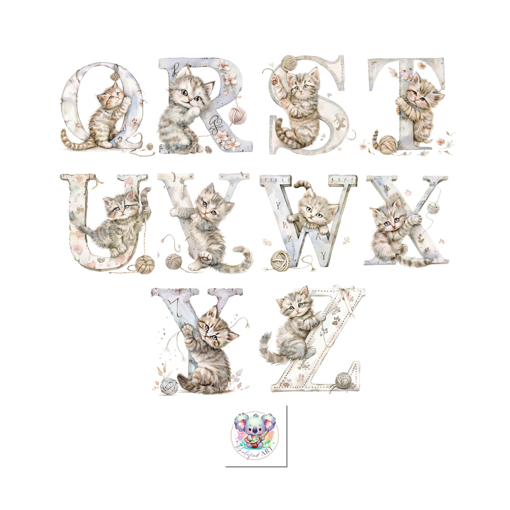 Playful Watercolor Cute Kittens Letter Alphabet Clipart 26 Unique Cat ...