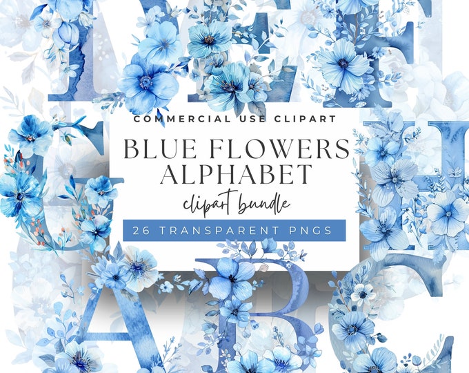 Watercolor Blue Floral ALPHABET Clipart Set Hand Drawn. Set of 26 ...