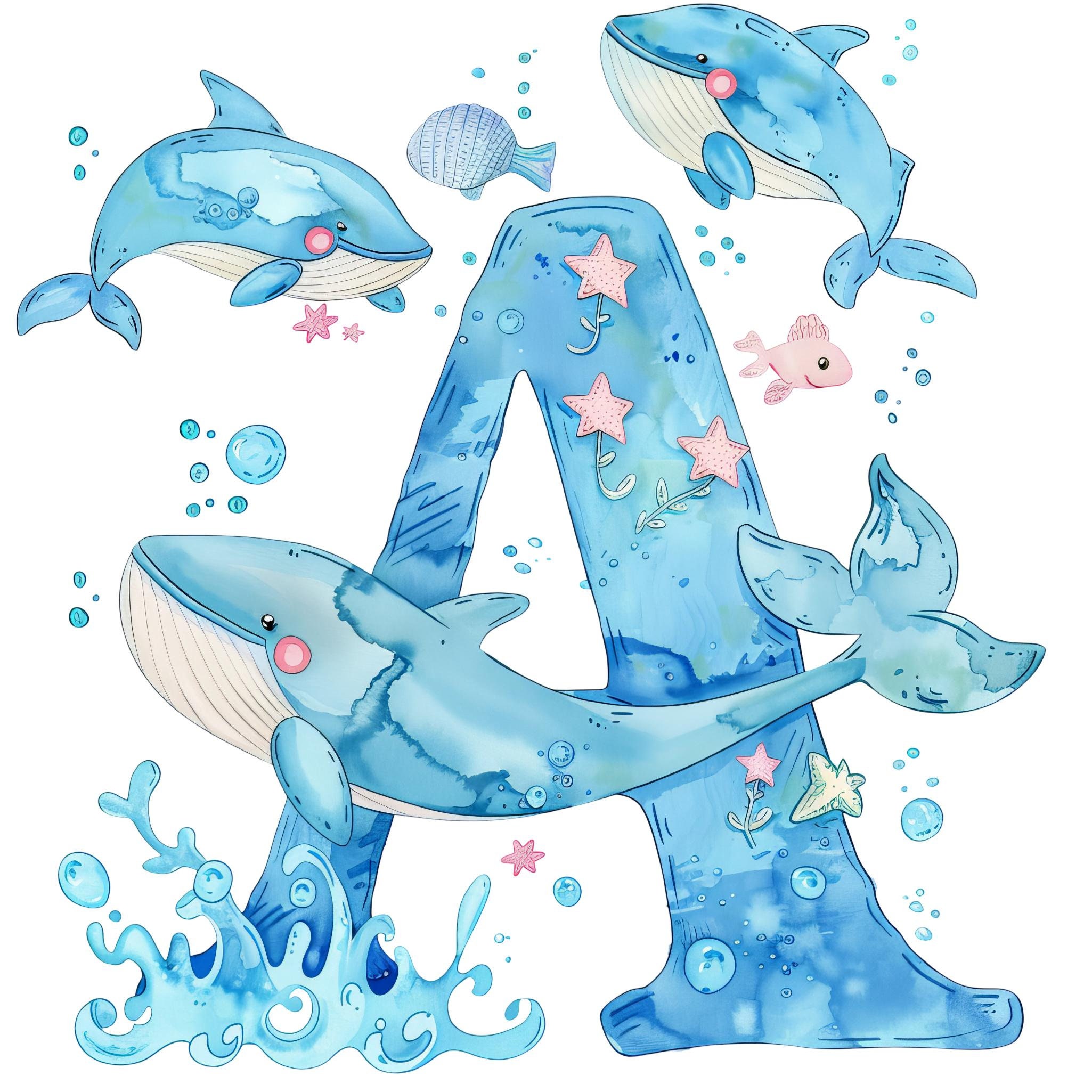 Watercolor Whale Alphabet Letter Clipart PNG 26 High-resolution 300 DPI ...