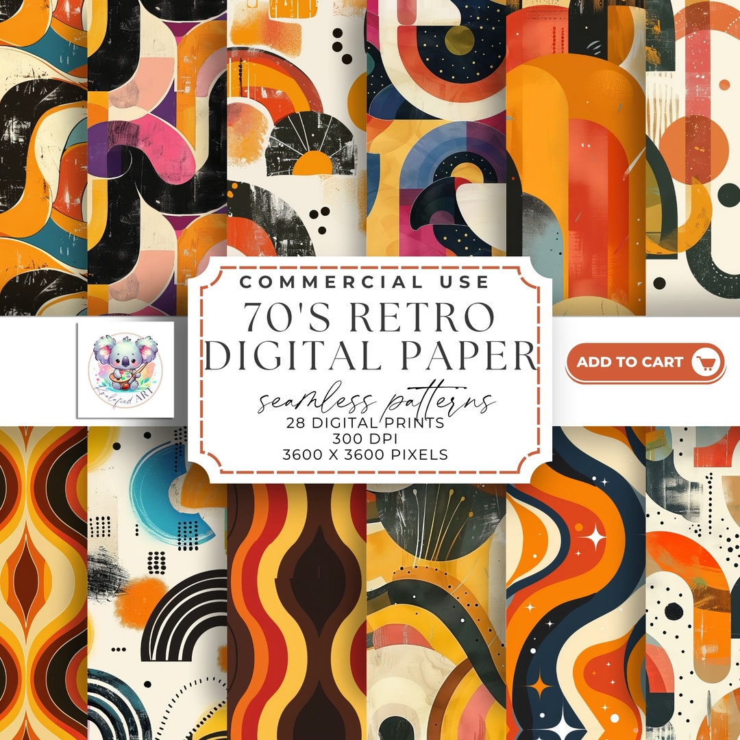 70s Retro Digital Paper 28 Chic Seamless Patterns 300 DPI, High ...