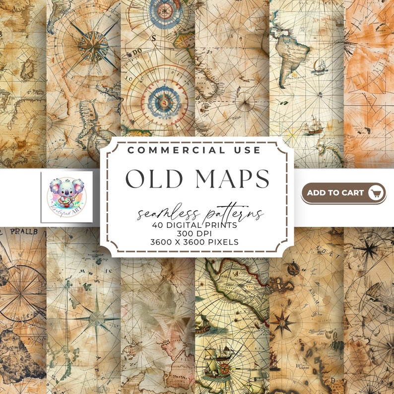 Antique Old Maps Digital Paper: Seamless Vintage Nautical Patterns (300 ...