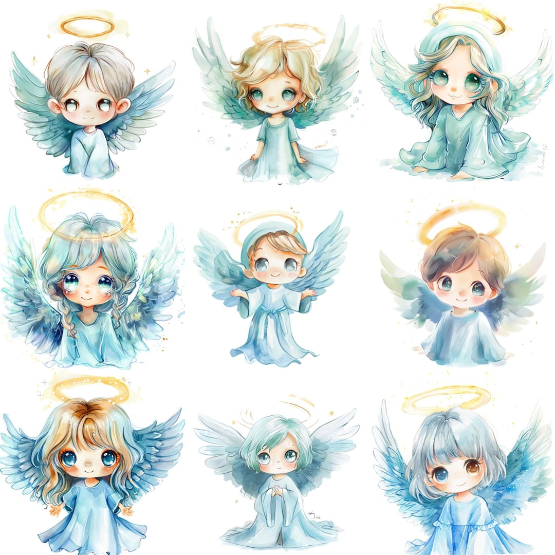 Unique Watercolor Cute Chibi Angel Clipart Pngs Complete Set of 20 300 ...